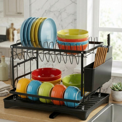 Kitchen Dish Drying Rack 2 Tier Black Stainless Steel Dish Drainer with ...
