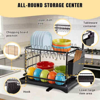 Kitchen Dish Drying Rack 2 Tier Black Stainless Steel Dish Drainer with ...