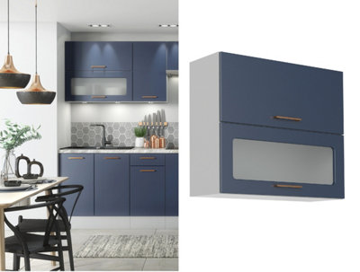 Kitchen Glass Wall Cabinet 800mm Unit Navy Blue Display Cupboard Lift ...