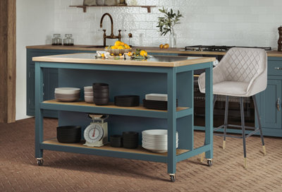 Kitchen Island Blue Open with Breakfast Bar