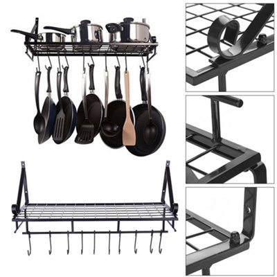 Kitchen Metal Shelves Saucepan Pan Pot Rack Storage Shelf with 10 Hooks ...