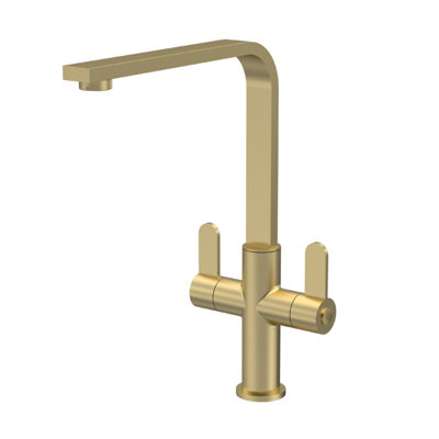 Kitchen Mono Mixer Tap with 2 Lever Handles, 302mm - Brushed Brass ...