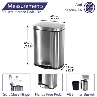 Kitchen Rubbish Bin 50 Litre Soft Close Stainless Steel Waste Bin