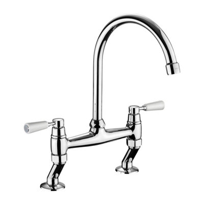 Kitchen Sink Tap Dual Lever Mono Bridge Chrome White Mixer Tap Swivel Spout