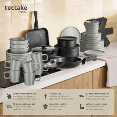 Kitchen starter set for 6 people with crockery, pots etc - grey/black