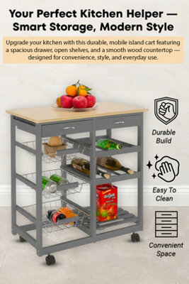 Kitchen Trolley MDF Top White Island Dining Cart Worktop Basket Storage ...