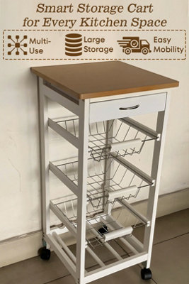 Kitchen Trolley White Wooden 3 Tier Rolling Organiser (3 Basket + 1 ...
