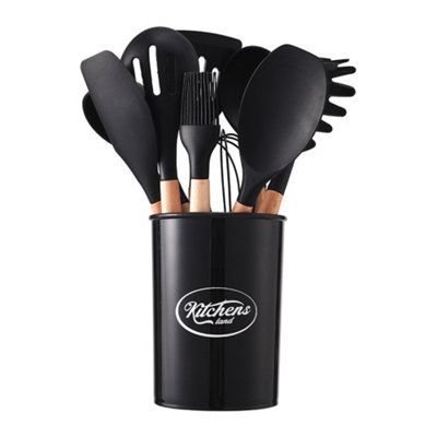 Kitchen Utensil Set of 8 Piece Black Silicone Wooden Handle Kitchen ...