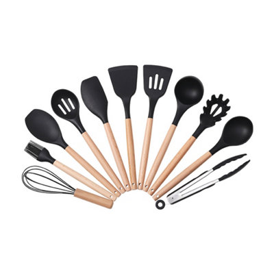 Kitchen Utensil Set of 8 Piece Black Silicone Wooden Handle Kitchen ...