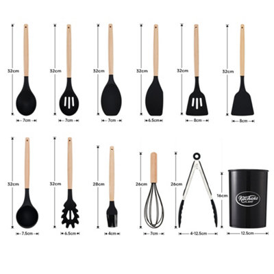 Kitchen Utensil Set of 8 Piece Black Silicone Wooden Handle Kitchen ...