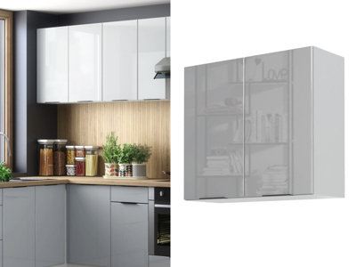 Kitchen Wall Cabinet 800mm Unit Grey High Gloss Storage Cupboard Modern ...