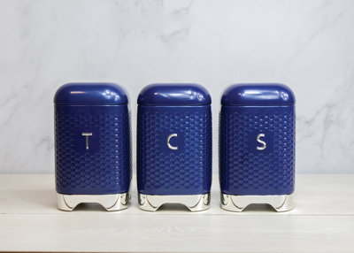 KitchenCraft Set of 3 Tea Coffee Sugar Canisters Jars Navy Vintage Storage