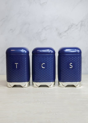 KitchenCraft Set of 3 Tea Coffee Sugar Canisters Jars Navy Vintage Storage