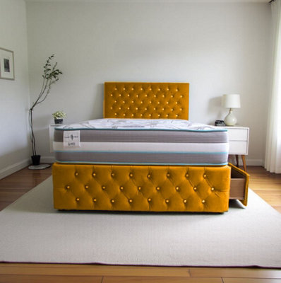 Knight Sleep Delaware Mustard Plush 4FT Princess Sprung Divan Bed Set ...