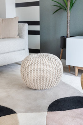 Knitted Pouffe Chunky Round Footstool Ottoman 100% Cotton Handmade Cream