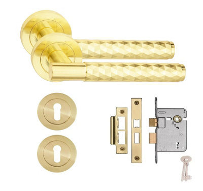 Knurled Diamond Cut T-Bar Lock Internal Door Handle Set 3 Lever Lock ...