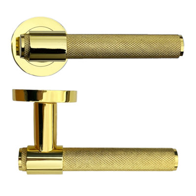 Knurled Door Handles Brass Loop & Neck Lever on Rose Latch Luxe