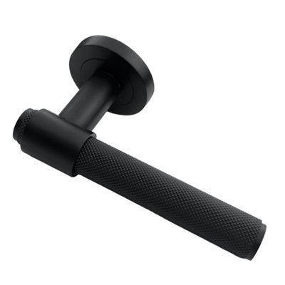 Knurled Door Handles Matt Black Loop & Neck Lever on Rose Latch Luxe