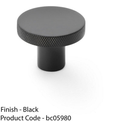 Knurled Round Radio Cupboard Door Knob - 38mm Diameter Matt Black Pull ...