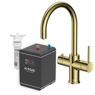 KOGE 98c Boiling Water Tap 3-in-1 Swan Spout Brushed Brass with Tank ...