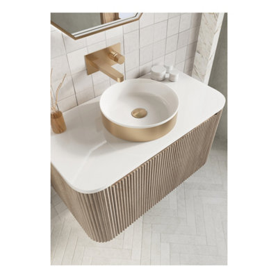 Koko Brushed Brass Fluted Countertop Basin & Wall-Mounted Mixer Tap Set ...