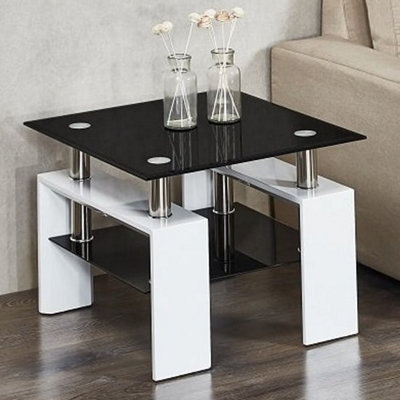 Kontrast Black Glass Side Table With White High Gloss Legs | DIY at B&Q