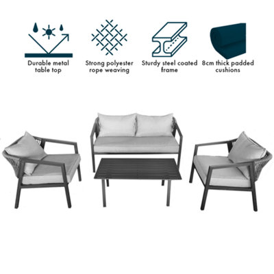 Kos Modern Grey Wicker Rope and Metal Garden Sofa Set with Cushions