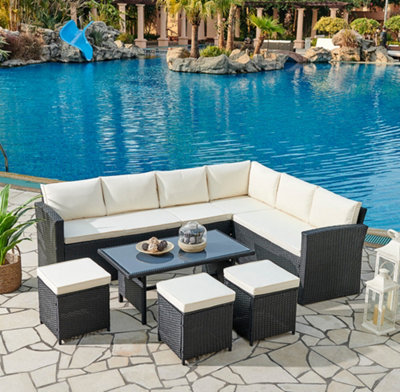 Kos Rattan Corner Group Garden Furniture Set Outdoor Coffee Table Sofa Stool Set Black