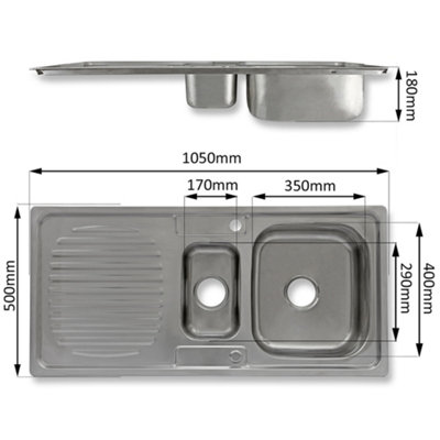KuKoo Stainless Steel Kitchen Sink Basin & Padstow Tap, Reversible ...