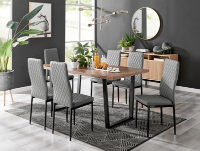 Kylo Brown Wood Effect Dining Table 6 Grey Milan Black Leg Chairs