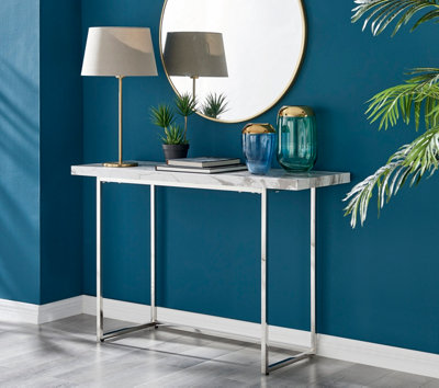 Kylo Rectangular White Marble Effect and Silver Chrome Console Table with Metal U Shape Legs ...
