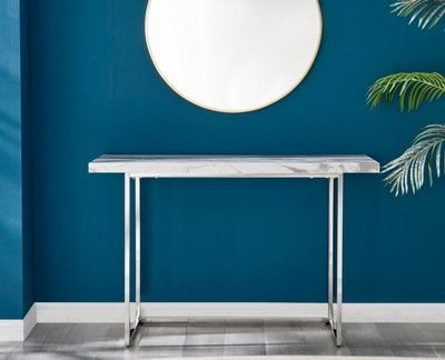 Kylo Rectangular White Marble Effect and Silver Chrome Console Table with Metal U Shape Legs ...