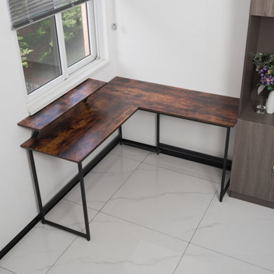 L Computer Desk with Self Corner Desk Work Table Home Office Table, Brown