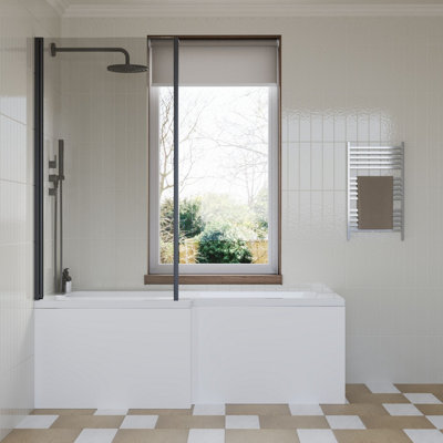 L Shape 1700x850 Shower Bath Set - Front Panel & Black Fixed Return ...