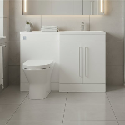 L-Shaped Bathroom Combination Vanity & WC Toilet Unit Gloss White Right ...