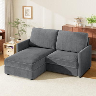 L Shaped Convertible Sectional Sofa 2 Seater with Corduroy Fabric 180cm Grey