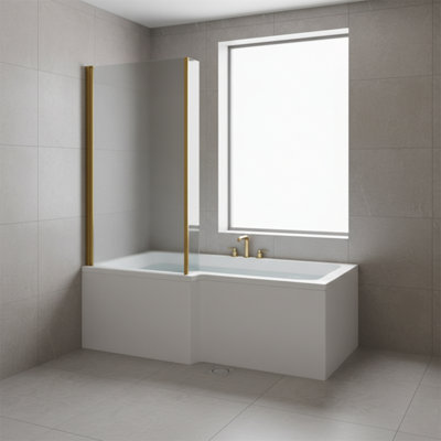 L-Shaped LH Shower Bath 1600mm Brushed Brass Hinged Screen Font Side ...