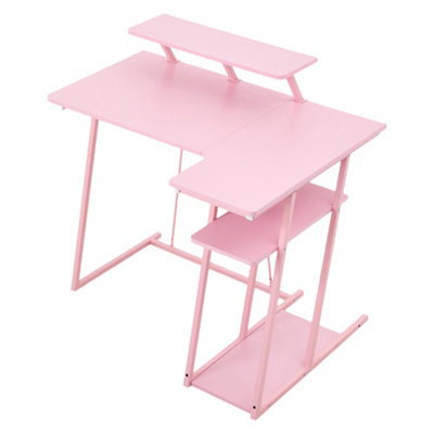 L-shaped Pink Gaming Desk Gaming Table with Monitor Stand and Headphone ...