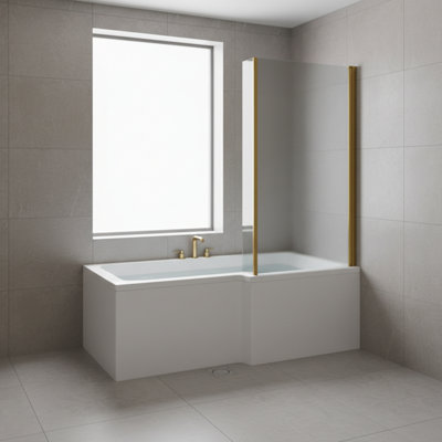 L-Shaped RH Shower Bath 1700mm Brushed Brass Hinged Screen Front Side ...