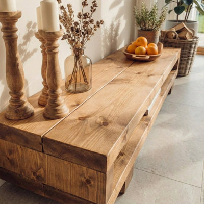 L120xW44xH25cm VIOT Low Solid Wood Chunky TV Unit Dark Oak Colour