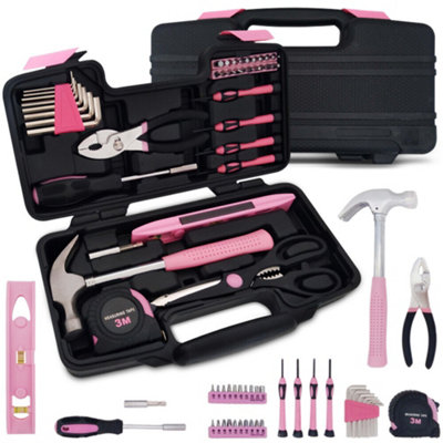 Ladies Pink Tool Box Set DIY Kit with Pink Hammer Pink Pliers Screwdrivers