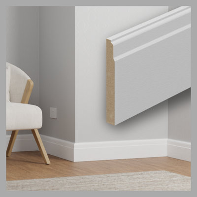 Lambs Tongue Primed White MDF Skirting Board 145mm x 18mm x 2.7m. Pack of 4