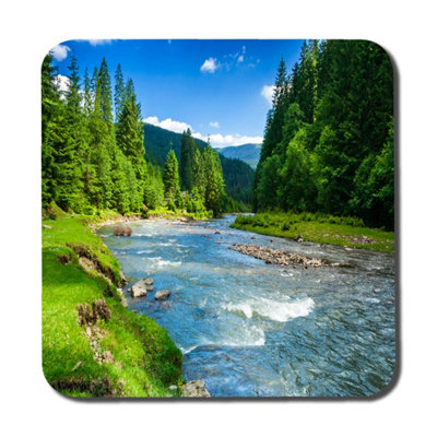 landscape with mountains, forest and a river in front. beautiful ...