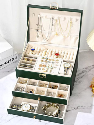 Large 3 Layer Green Jewelry Box Organizer with Lock Necklace Storage ...