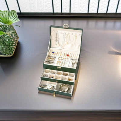 Large 3 Layer Green Jewelry Box Organizer with Lock Necklace Storage ...