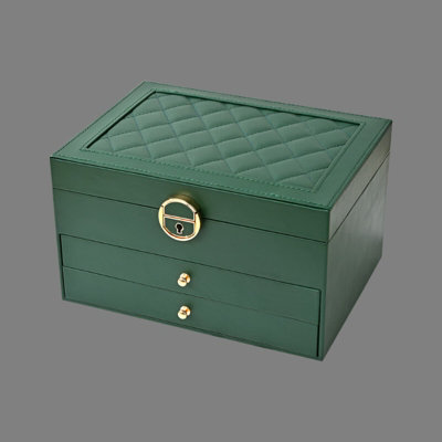Large 3 Layer Green Jewelry Box Organizer with Lock Necklace Storage ...