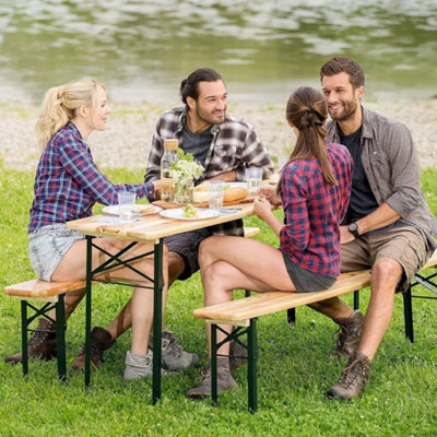 LARGE 3 PIECE WOODEN FOLDING PICNIC TABLE BENCH TRESTLE PATIO OUTDOOR ...