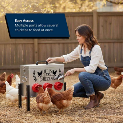 Large 6 Port Metal Chicken Feeder Indoor Outdoor Poultry Food Dispenser