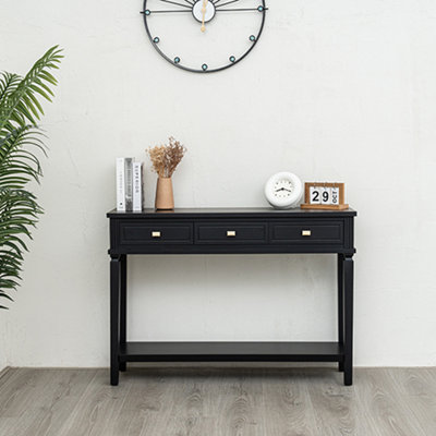LARGE BLACK 3 DRAWER CONSOLE TABLE WITH SHELF GRACE COLLECTION