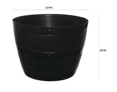 Large Black Barrel Planter Round Plastic Plant Pot 50cm Patio Garden ...